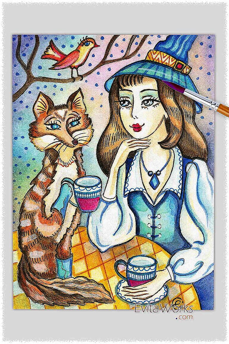 Witch and Fox 22, girl and pet art ‹ EvitaWorks