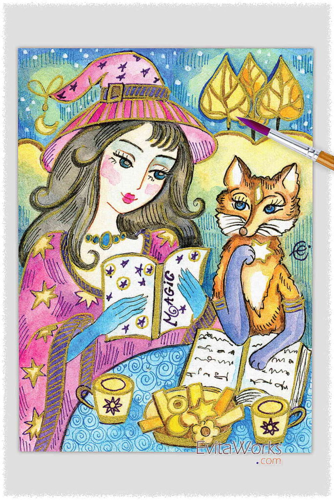 Witch and Fox 24, girl and pet art ‹ EvitaWorks